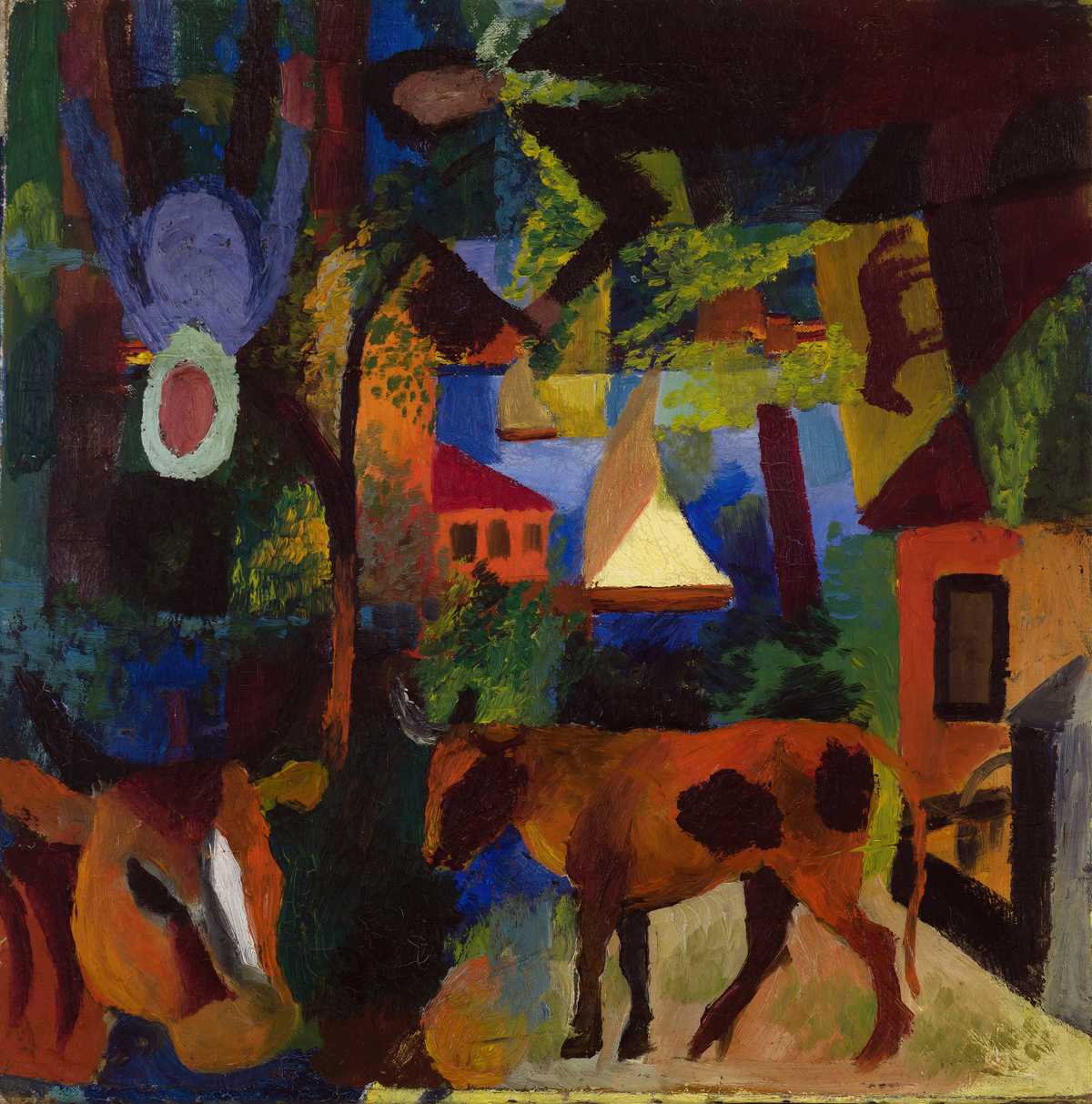 August Macke - Landscape with Cows, Sailboat, and Figures - High ...